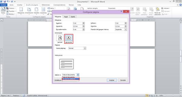 Cómo cambiar una hoja de vertical a horizontal en Word 2010